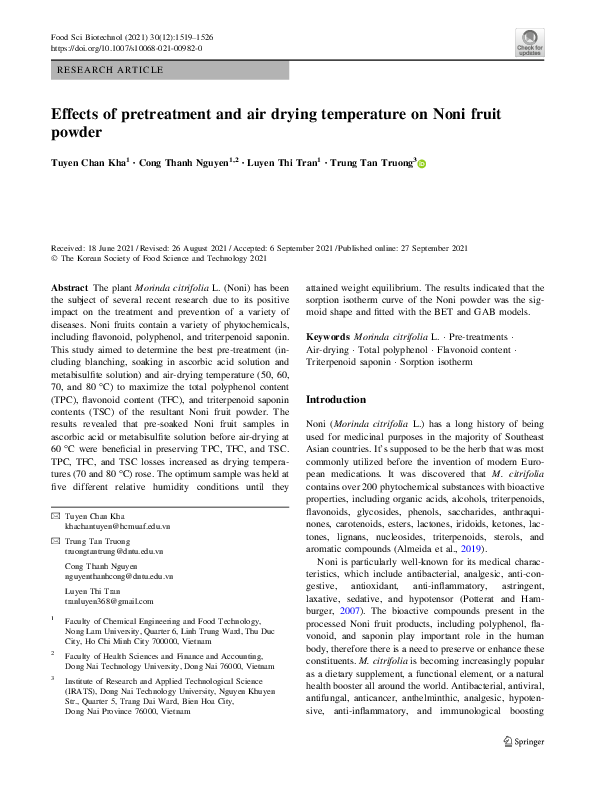 (PDF) Effects of pretreatment and air drying temperature on Noni fruit powder
