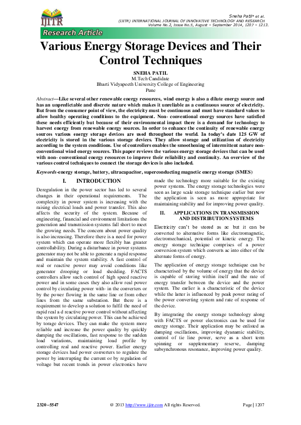 (PDF) Various Energy Storage Devices and Their Control Techniques