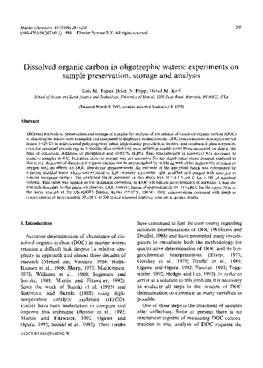 (PDF) Dissolved organic carbon in oligotrophic waters: experiments on sample preservation ...