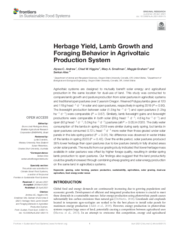 (PDF) Herbage Yield, Lamb Growth and Foraging Behavior in Agrivoltaic ...