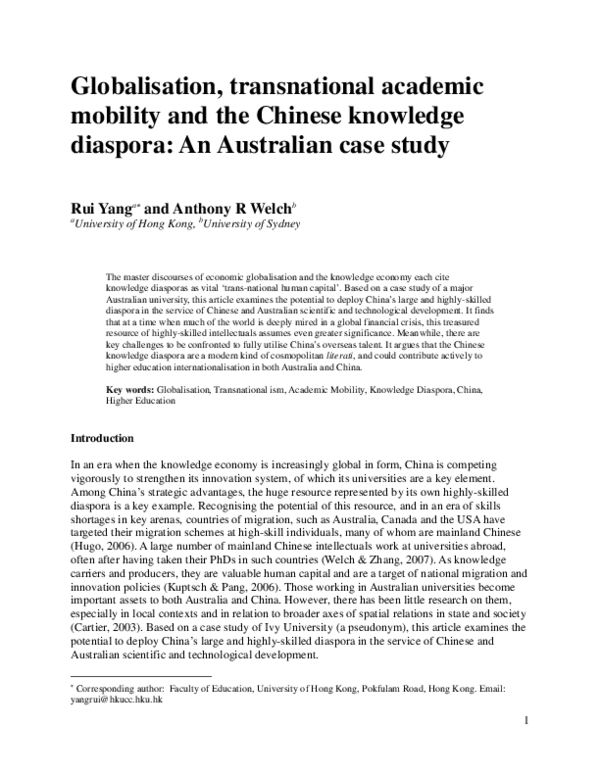 (PDF) Globalisation, transnational academic mobility and the Chinese knowledge diaspora: an ...