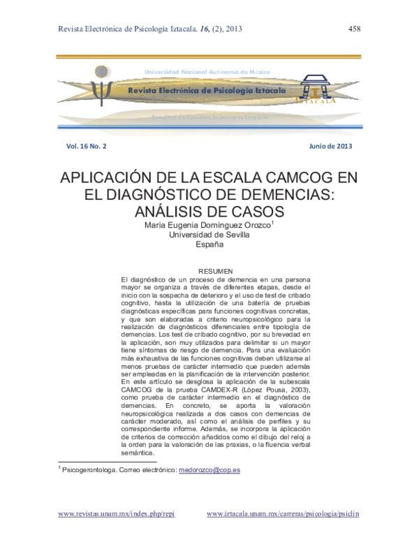 (PDF) Aplicación De La Escala Camcog en El Diagnóstico De Demencias ...