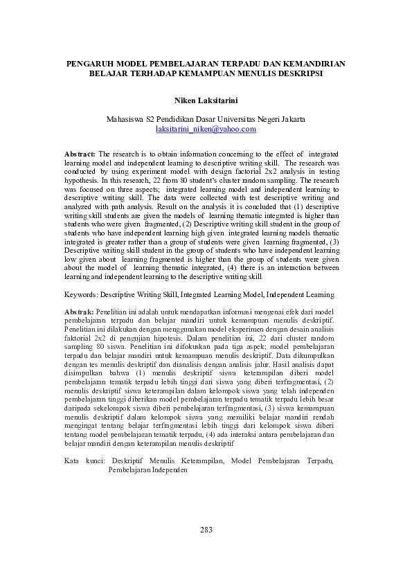 (PDF) Pengaruh Model Pembelajaran Terpadu Dan Kemandirian Belajar Terhadap Kemampuan Menulis ...