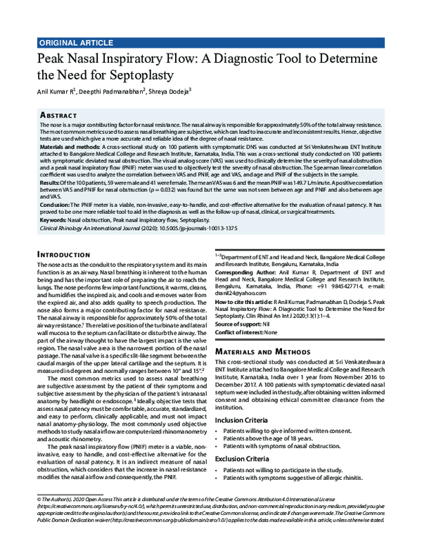 (PDF) Peak Nasal Inspiratory Flow: A Diagnostic Tool to Determine the Need for Septoplasty