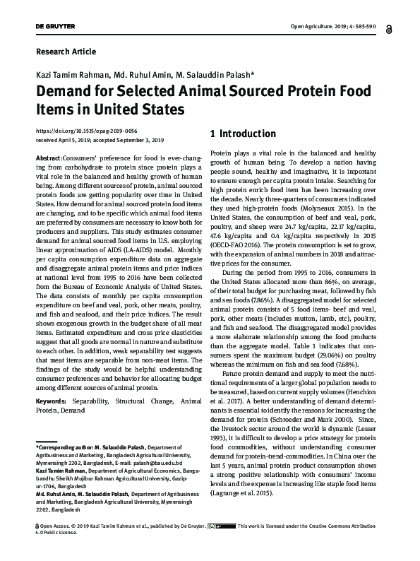 (PDF) Demand for Selected Animal Sourced Protein Food Items in United ...