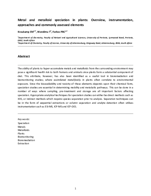 (PDF) Metal and metalloid speciation in plants: Overview ...
