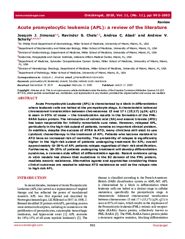 (PDF) Acute promyelocytic leukemia (APL): a review of the literature
