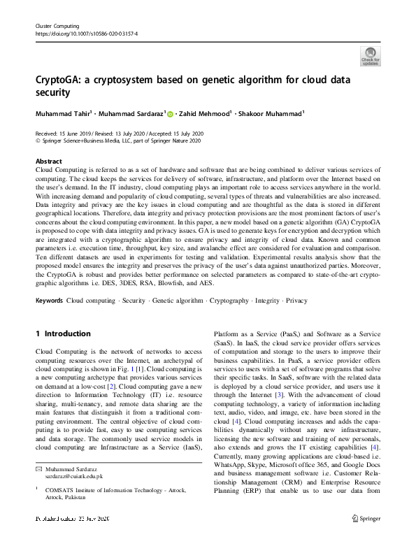 (PDF) CryptoGA: a cryptosystem based on genetic algorithm for cloud data security