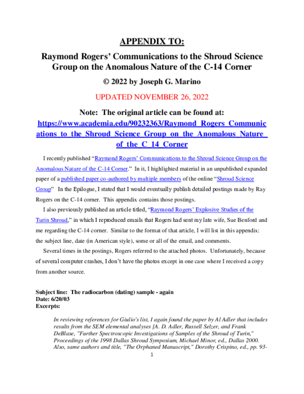 (PDF) APPENDIX TO: Raymond Rogers' Communications to the Shroud Science Group on the Anomalous ...