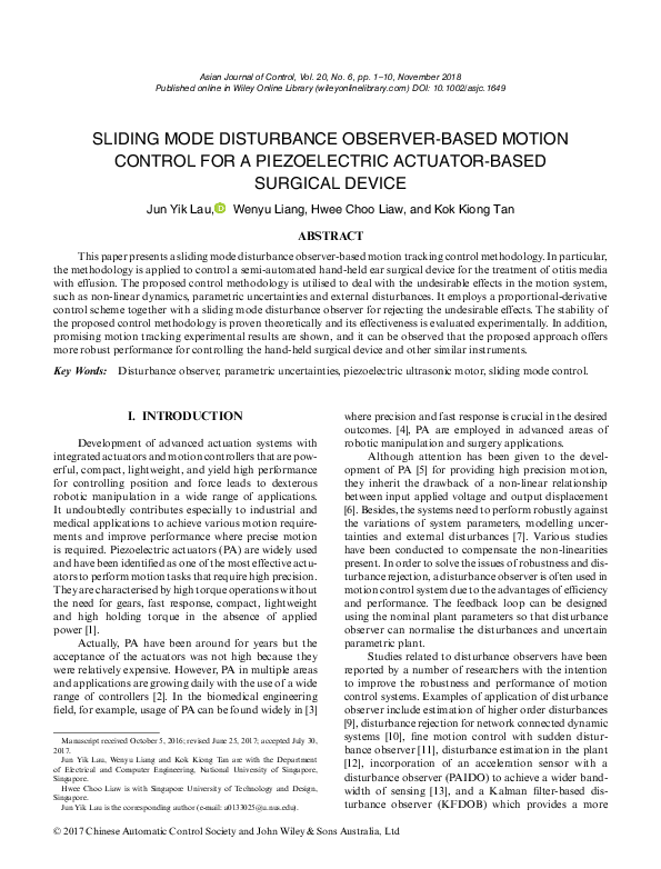 (PDF) Sliding Mode Disturbance Observer-based Motion Control for a Piezoelectric Actuator-based ...