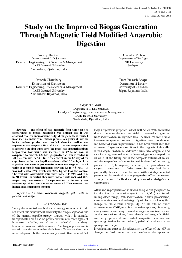 (PDF) Study on the Improved Biogas Generation Through Magnetic Field ...
