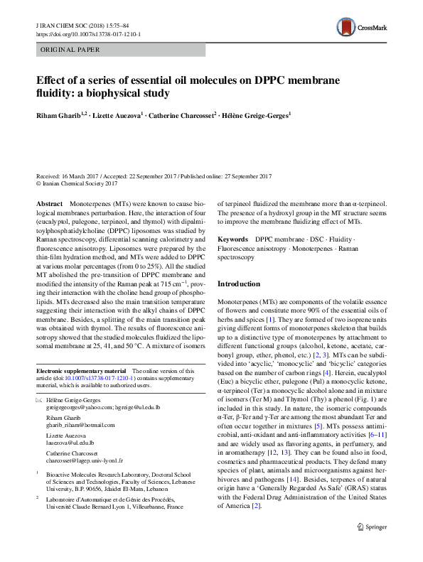 (PDF) Effect of a series of essential oil molecules on DPPC membrane ...