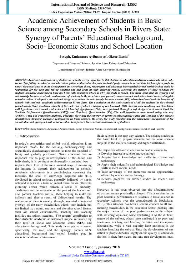 (PDF) Academic Achievement of Students in Basic Science among Secondary Schools in Rivers State ...