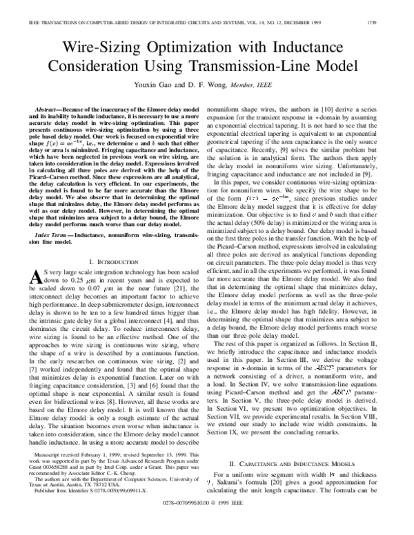 Pdf Wire Sizing Optimization With Inductance Consideration Using Transmission Line Model