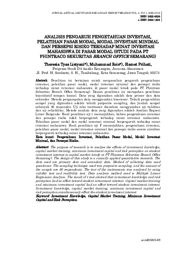 (PDF) Analisis Pengaruh Pengetahuan Investasi, Pelatihan Pasar Modal ...