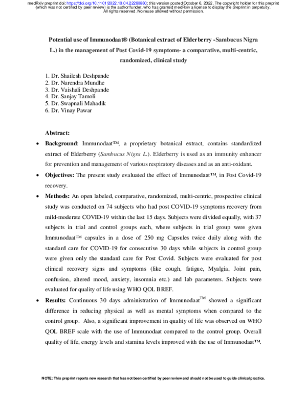 (PDF) Potential use of Immunodaat® (Botanical extract of Elderberry ...