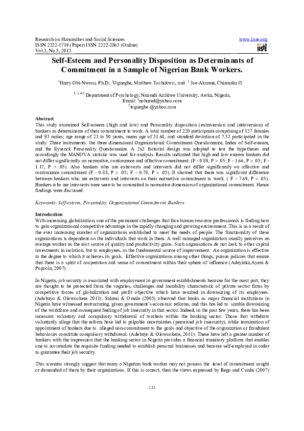 (PDF) Self-Esteem and Personality Disposition as Determinants of Commitment in a Sample of ...