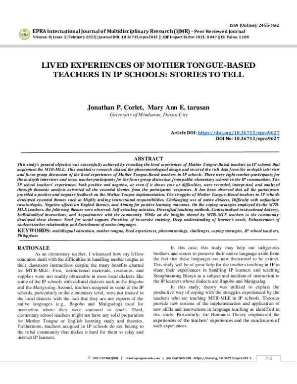 (PDF) Lived Experiences of Mother Tongue-Based Teachers in Ip Schools ...