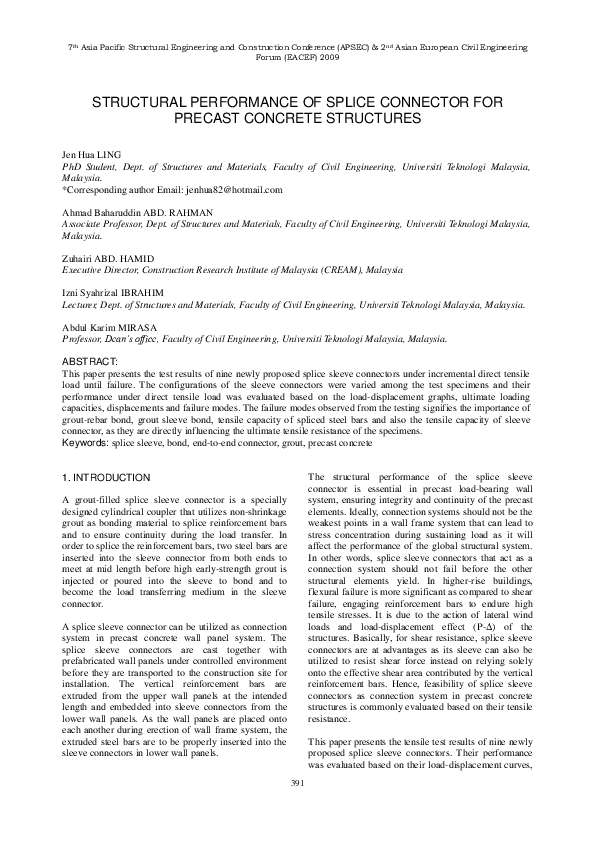 (PDF) Structural performance of splice connector for precast concrete ...