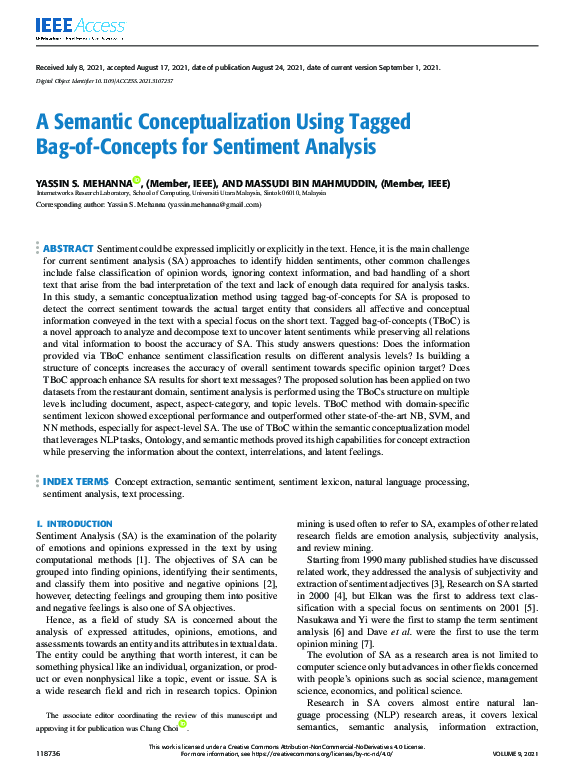 (PDF) A Semantic Conceptualization Using Tagged Bag-of-Concepts for Sentiment Analysis
