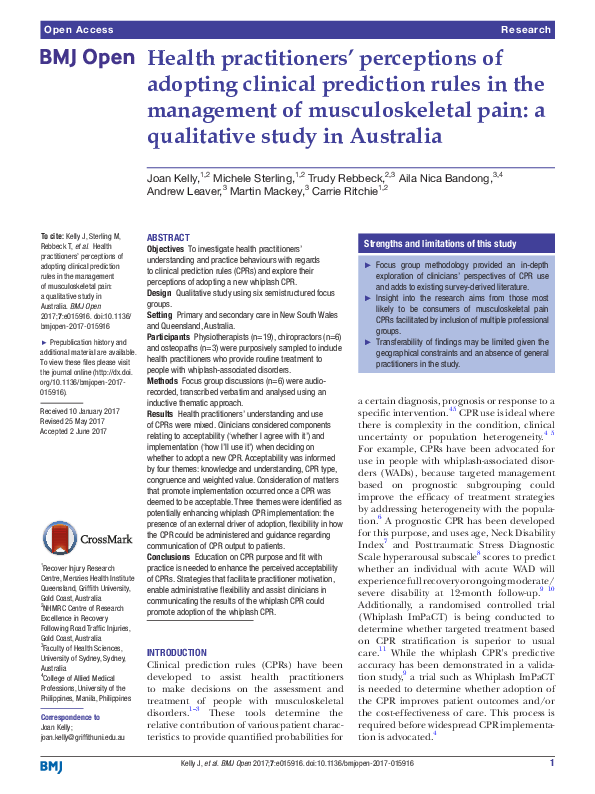 (PDF) Health practitioners’ perceptions of adopting clinical prediction ...