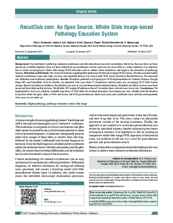 (PDF) RecutClub.com: An Open Source, Whole Slide Image-based Pathology Education System | Nathan ...