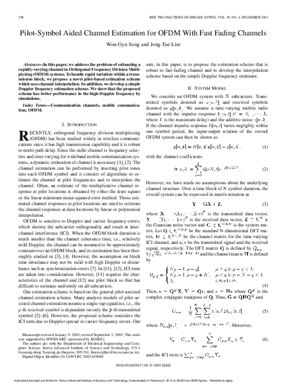 (PDF) Pilot-symbol aided channel estimation for ofdm with fast fading channels