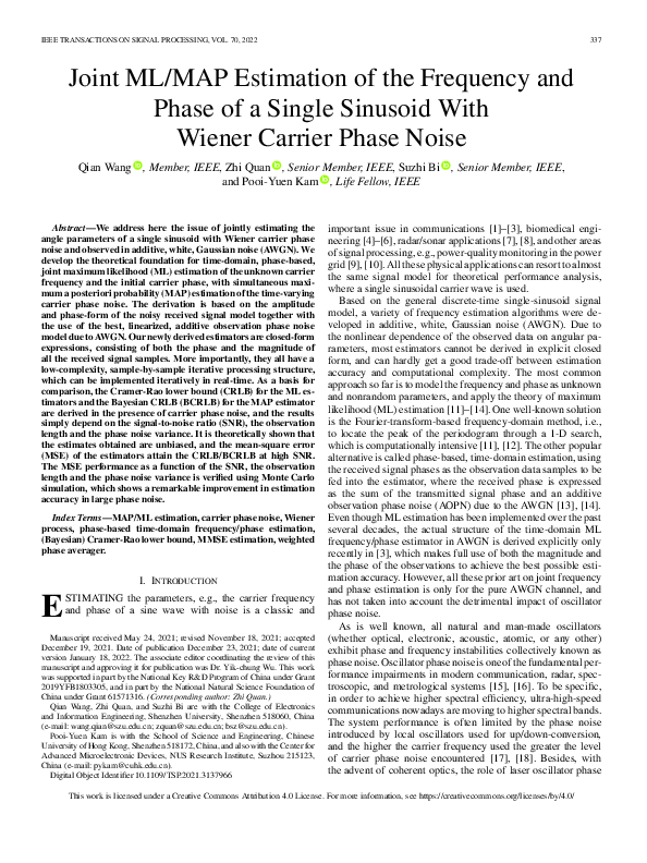 Pdf Joint Ml Map Estimation Of The Frequency And Phase Of A Single Sinusoid With Wiener