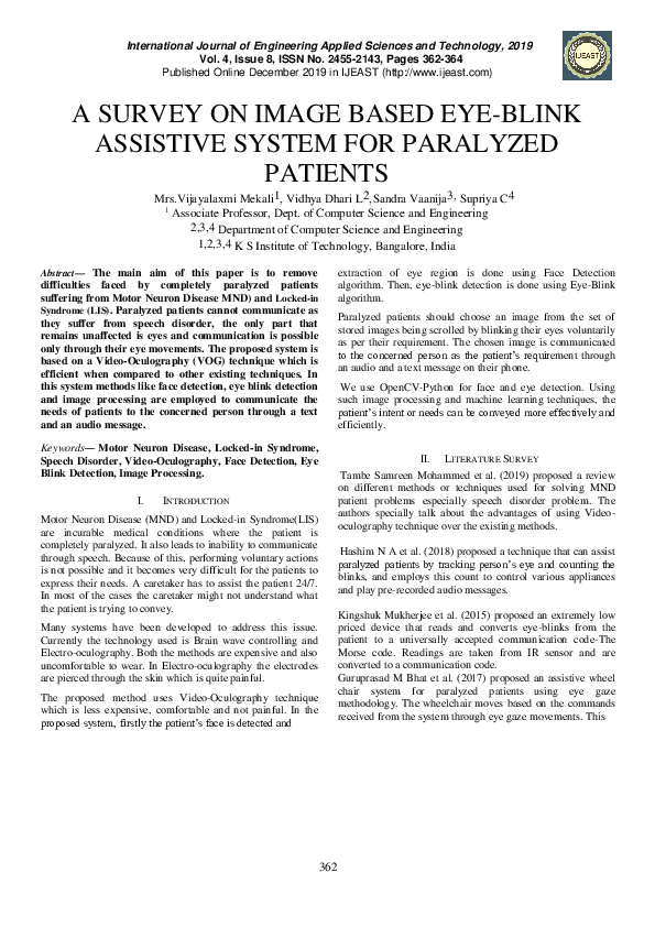 (PDF) A Survey on Image Based Eye-Blink Assistive System for Paralyzed Patients