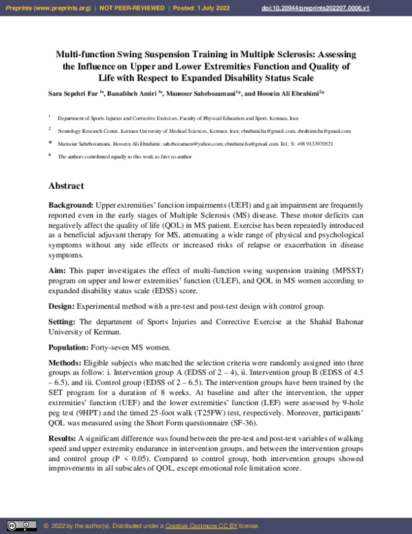 (PDF) Multi-function Swing Suspension Training in Multiple Sclerosis: Assessing the Influence on ...