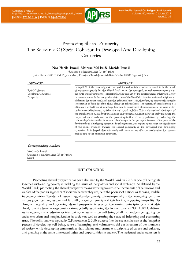 (PDF) Promoting Shared Prosperity: The Relevance Of Social Cohesion In ...