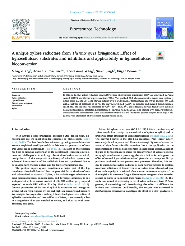 (PDF) A unique xylose reductase from Thermomyces lanuginosus: Effect of ...