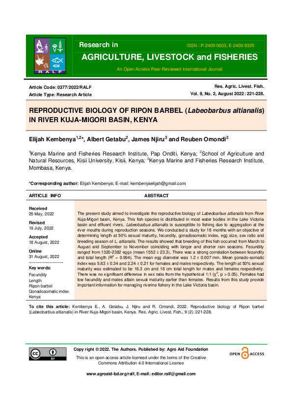 (PDF) Reproductive Biology of Ripon Barbel (Labeobarbus Altianalis) In ...