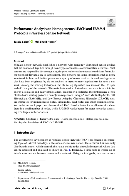 Pdf Performance Analysis On Homogeneous Leach And Eammh Protocols In Wireless Sensor Network