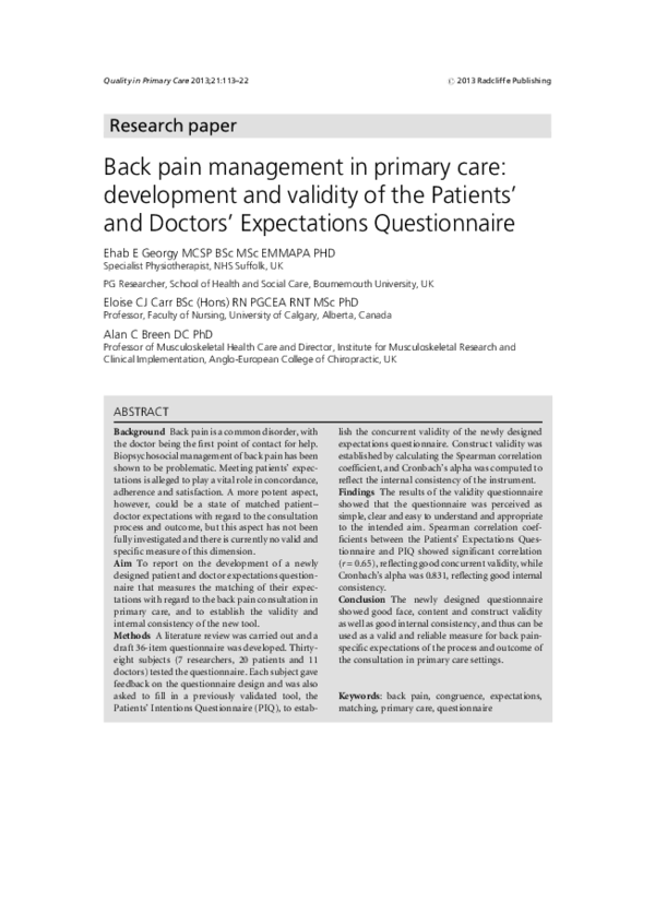 (PDF) Back pain management in primary care: development and validity of ...