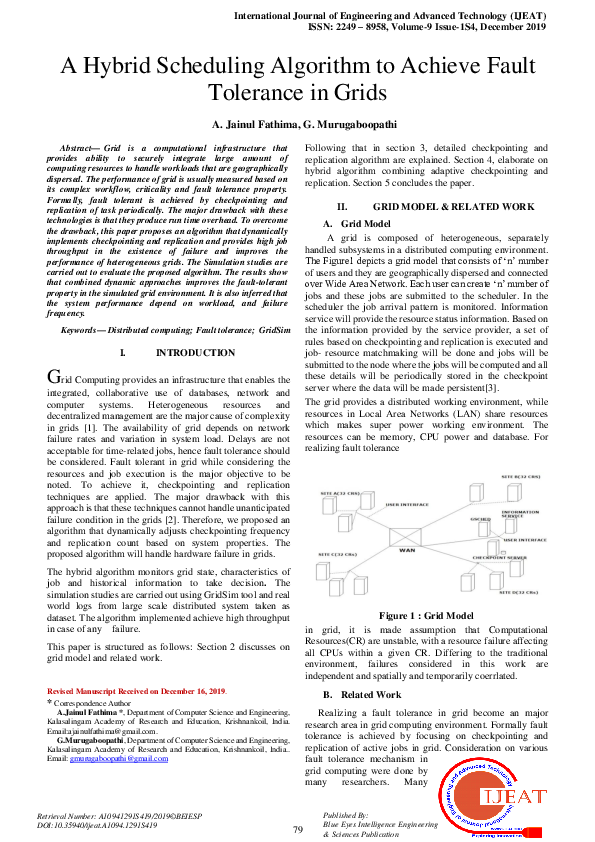 Pdf A Hybrid Scheduling Algorithm To Achieve Fault Tolerance In Grids