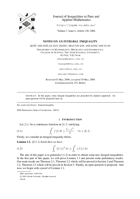 (PDF) Notes on an integral inequality