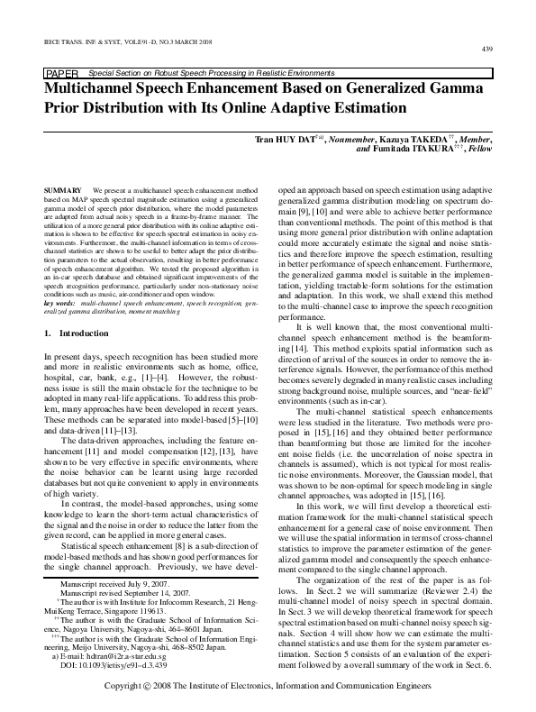 (PDF) Multichannel Speech Enhancement Based on Generalized Gamma Prior ...