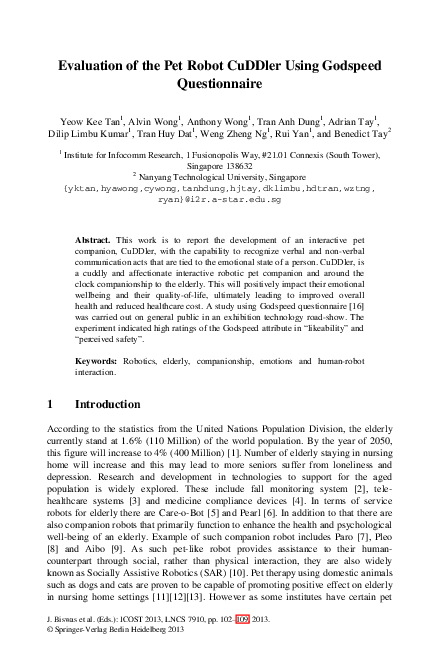 (PDF) Evaluation of the Pet Robot CuDDler Using Godspeed Questionnaire