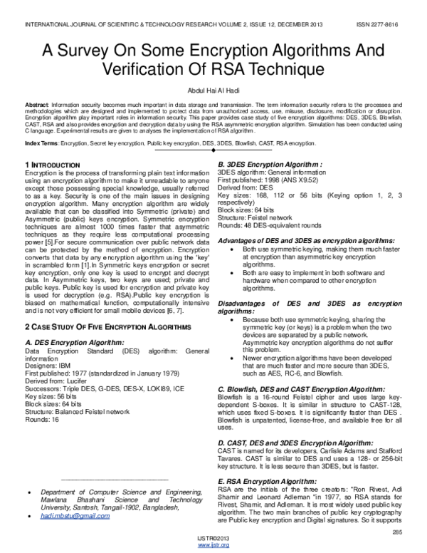(PDF) A Survey On Some Encryption Algorithms And Verification Of RSA Technique