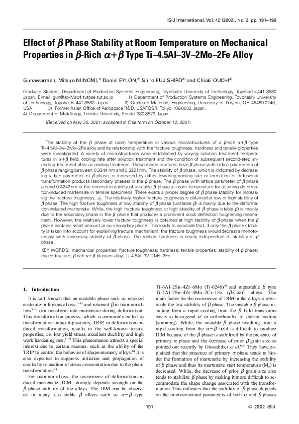 (PDF) Effect of .BETA. Phase Stability at Room Temperature on Mechanical Properties in .BETA ...