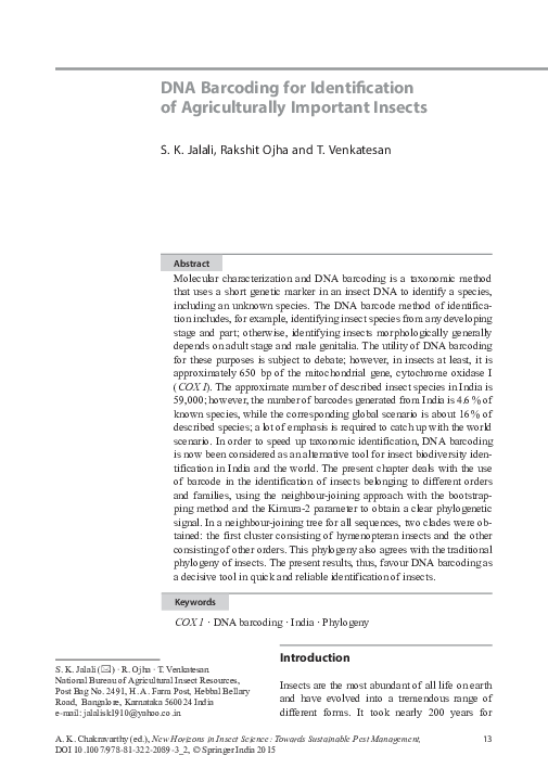 (PDF) DNA Barcoding for Identification of Agriculturally Important Insects