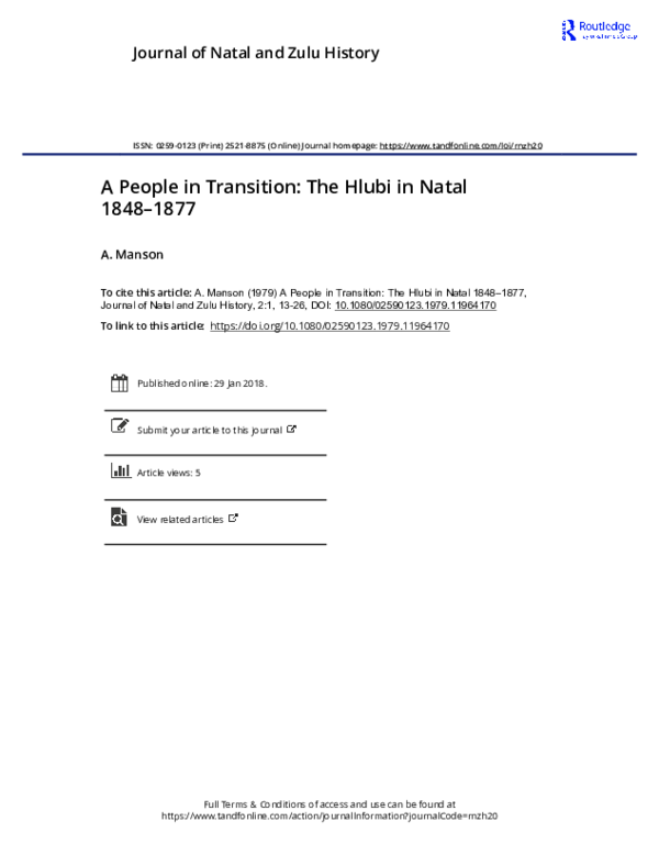 (PDF) A People in Transition: The Hlubi in Natal 1848–1877