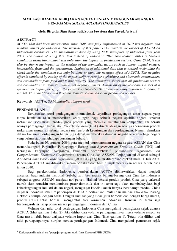 (PDF) Simulasi Dampak Kebijakan ACFTA dengan Menggunakan Angka Pengganda Social Accounting Matrices