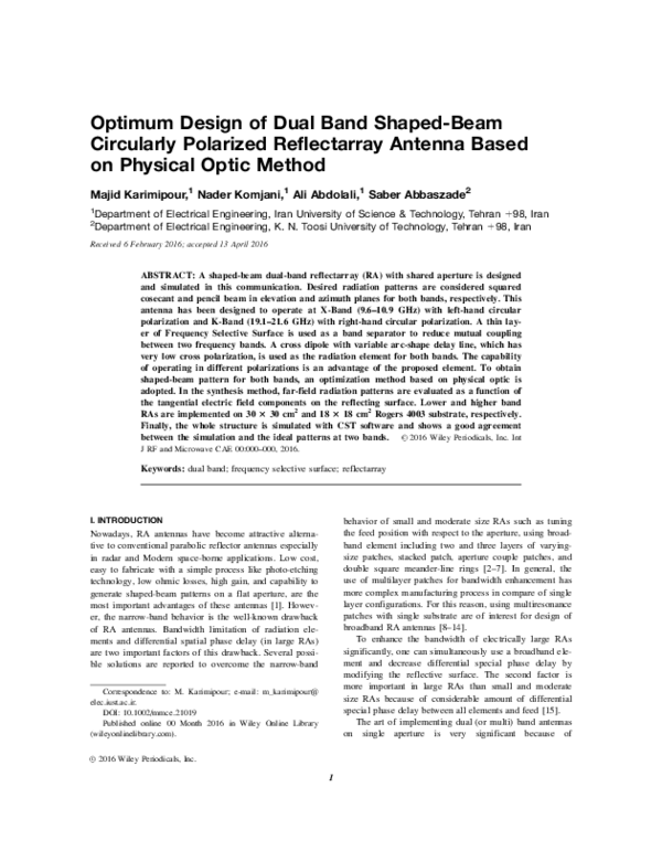 (PDF) Optimum design of dual band shaped-beam circularly polarized reflectarray antenna based on ...