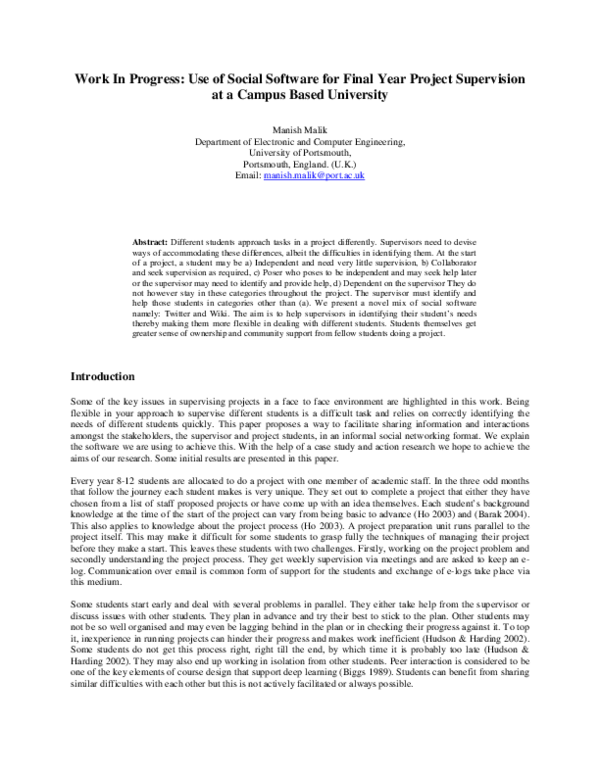 (PDF) Work in progress: use of social software for final year project supervision at a campus ...