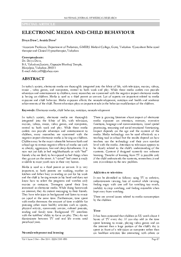 (PDF) Special Article Electronic Media and Child Behaviour