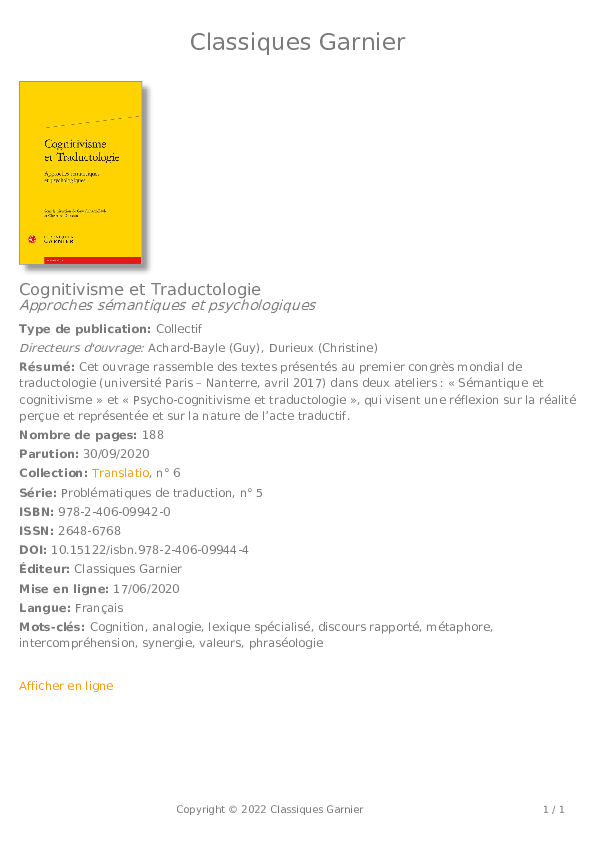 (PDF) Cognitivisme et Traductologie . Approches sémantiques et ...