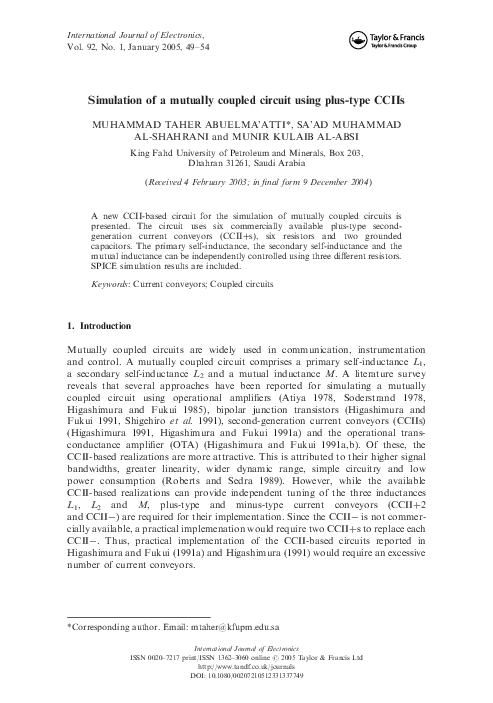 (PDF) Simulation of a mutually coupled circuit using plus-type CCIIs