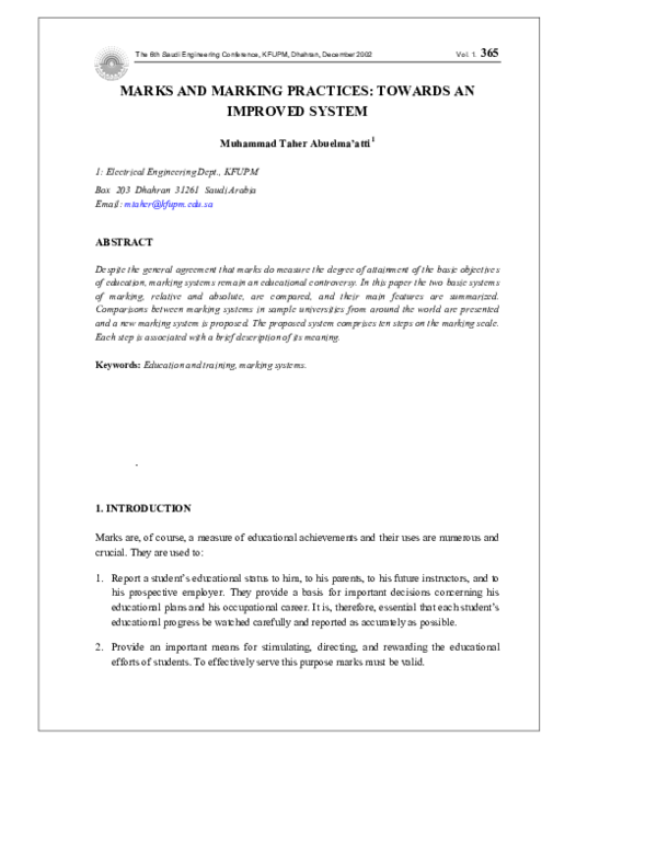 (PDF) Marks and Marking Practices: Towards an Improved System